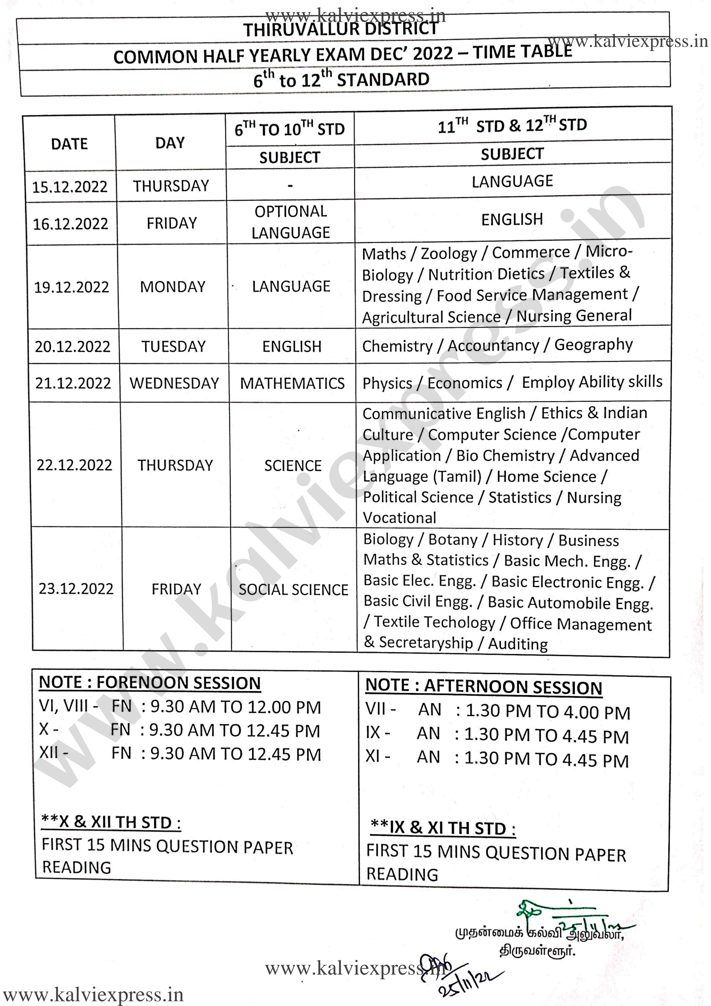 Half Yearly Exam Time Table 2022-2023 Half Yearly Exam Time Table 2022-2023